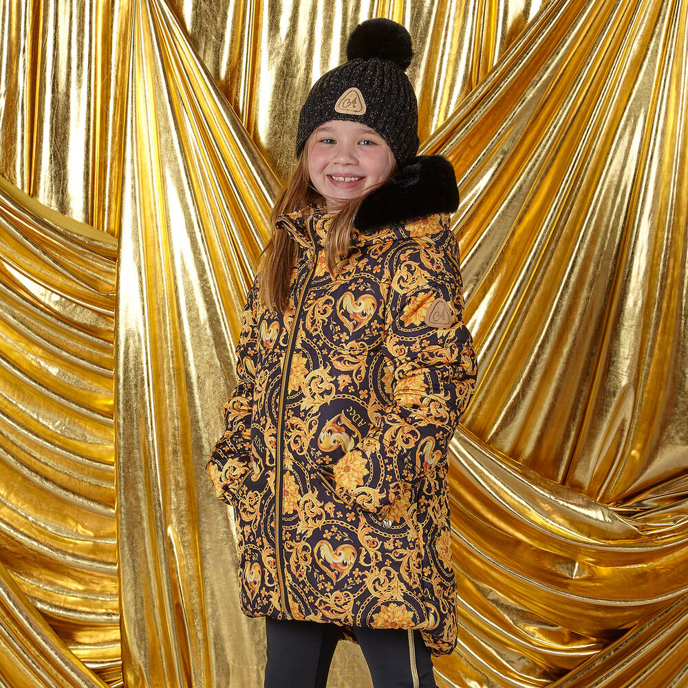 A Dee - Girls Black & Gold Hooded Coat | Childrensalon Outlet