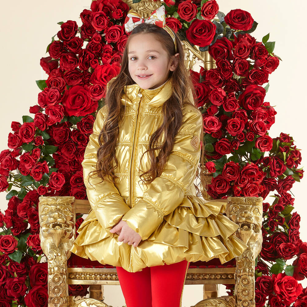 A Dee - Girls Gold Ruffle Hooded Coat | Childrensalon Outlet