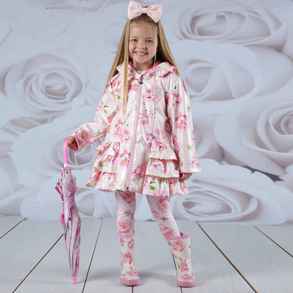 A Dee - Girls Pink Floral Frilled Raincoat | Childrensalon Outlet