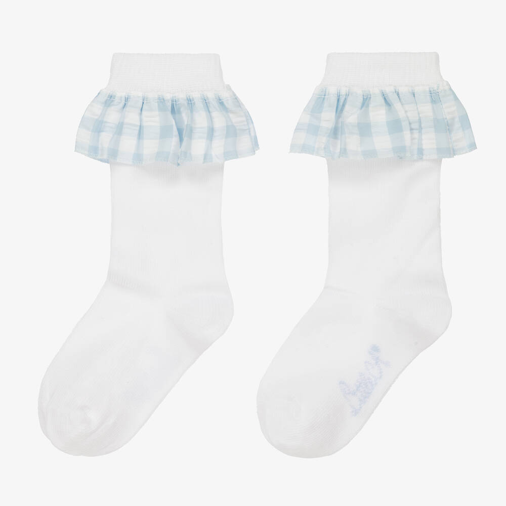 A Dee - Girls White & Blue Ruffle Socks | Childrensalon Outlet