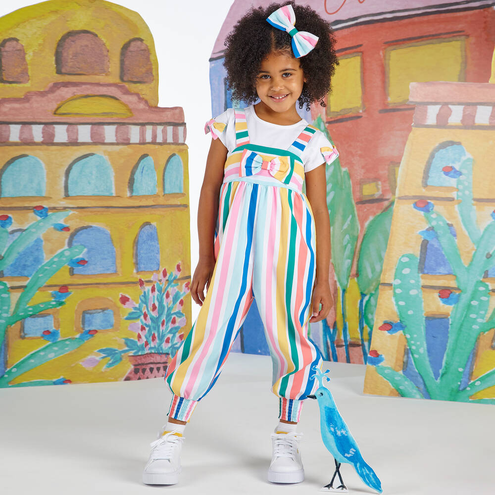 A Dee - Girls White Rainbow Stripe Dungaree Set | Childrensalon Outlet