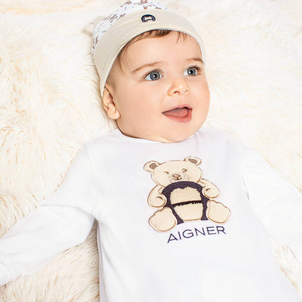AIGNER - White Teddy Bear Logo Pima Cotton Babygrow | Childrensalon Outlet