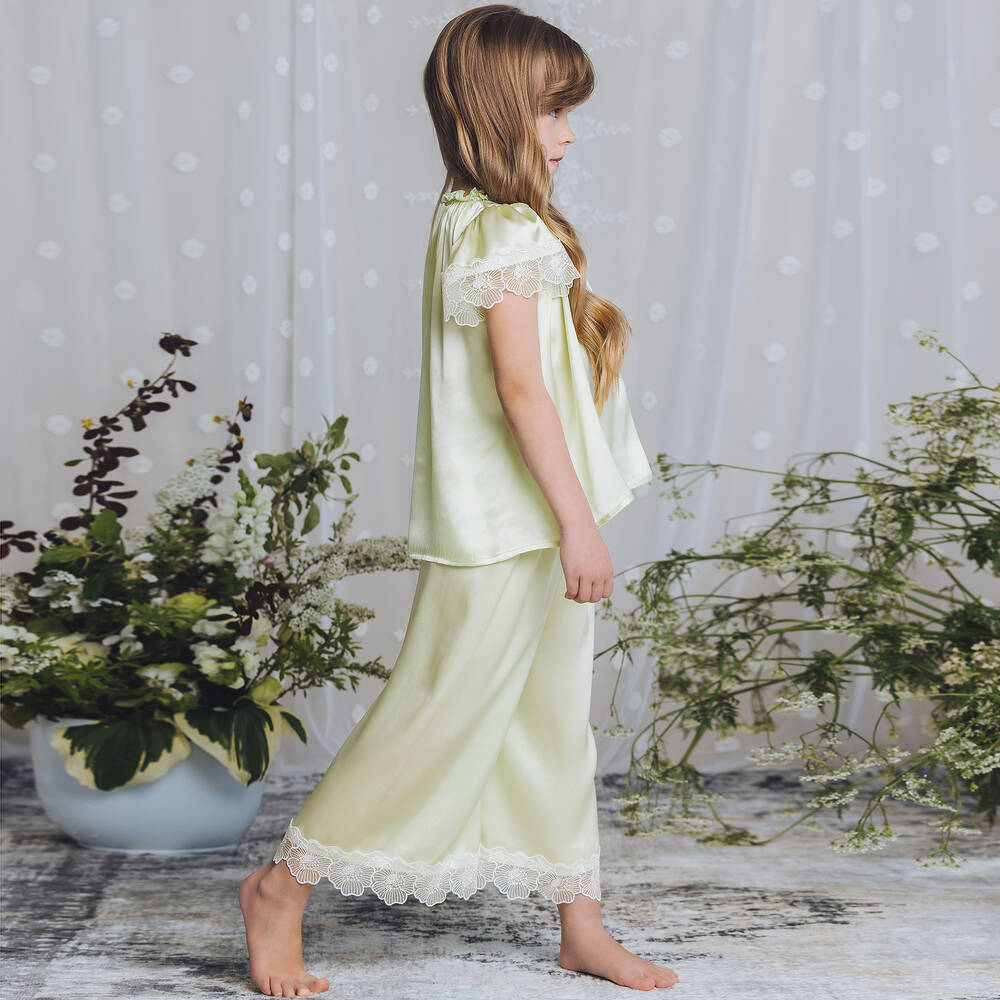 AMIKI Children - Girls Green Silk Satin Pyjamas | Childrensalon Outlet