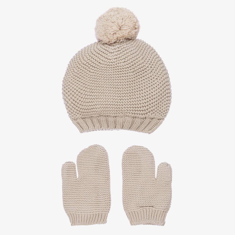 Babidu - Beige Knitted Hat & Mittens Set | Childrensalon Outlet