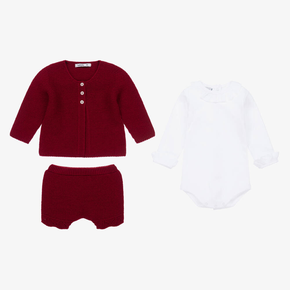 Babidu - Girls Red Knitted Shorts Set | Childrensalon Outlet