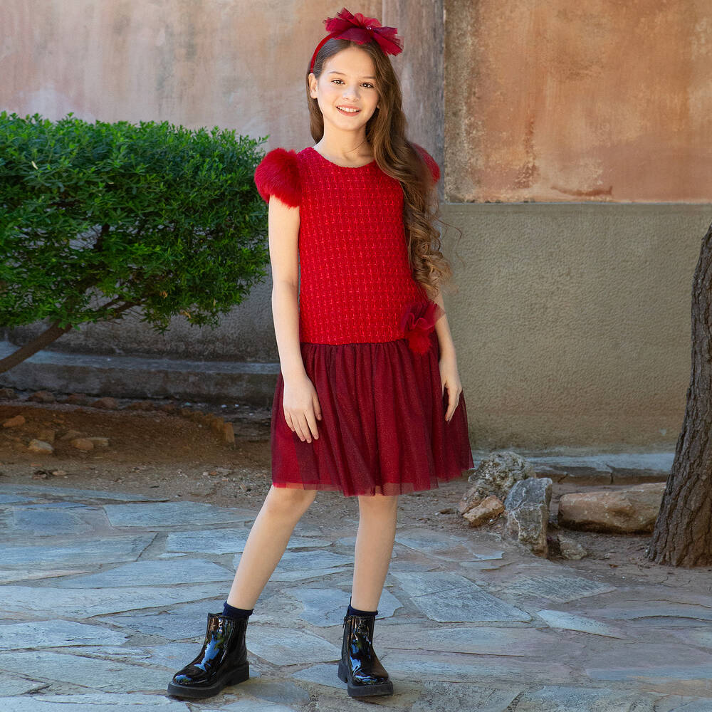 Balloon Chic - Girls Red Tweed & Tulle Dress | Childrensalon Outlet
