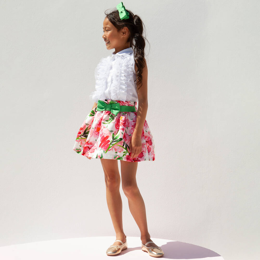 Balloon Chic - Girls White & Pink Floral Print Skirt Set ...