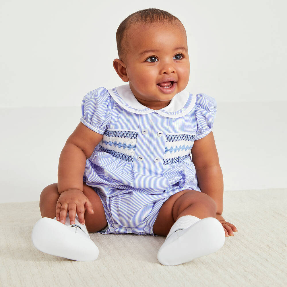 Beatrice & George - Blue Cotton Hand-Smocked Shortie | Childrensalon Outlet