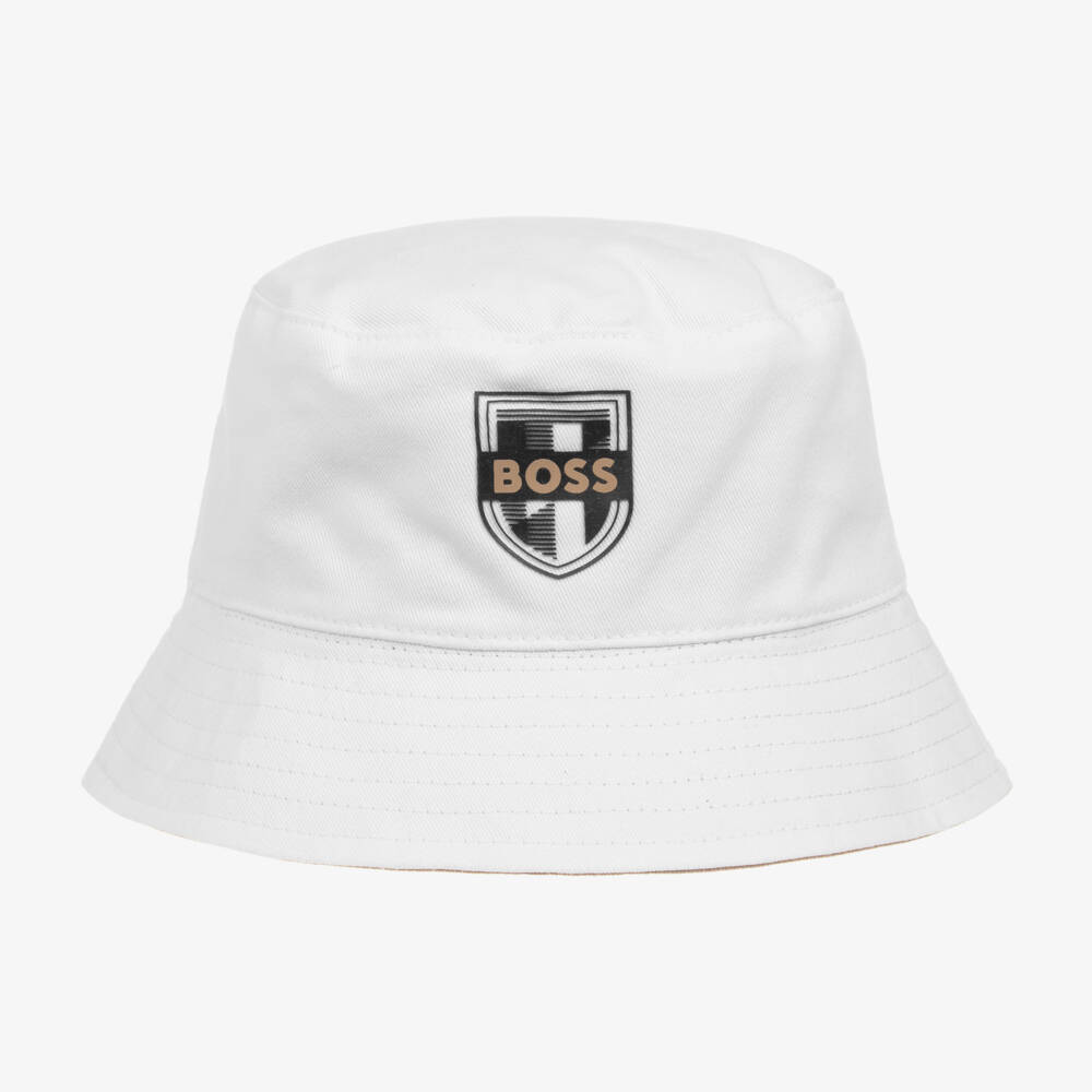 BOSS - Baby Boys White & Beige Reversible Bucket Hat | Childrensalon Outlet