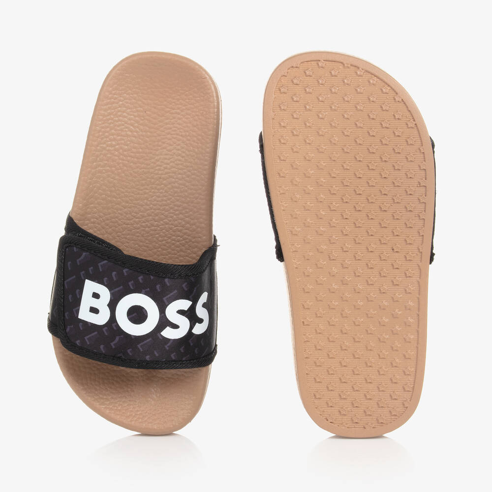 BOSS - Boys Black Monogram Sliders | Childrensalon Outlet