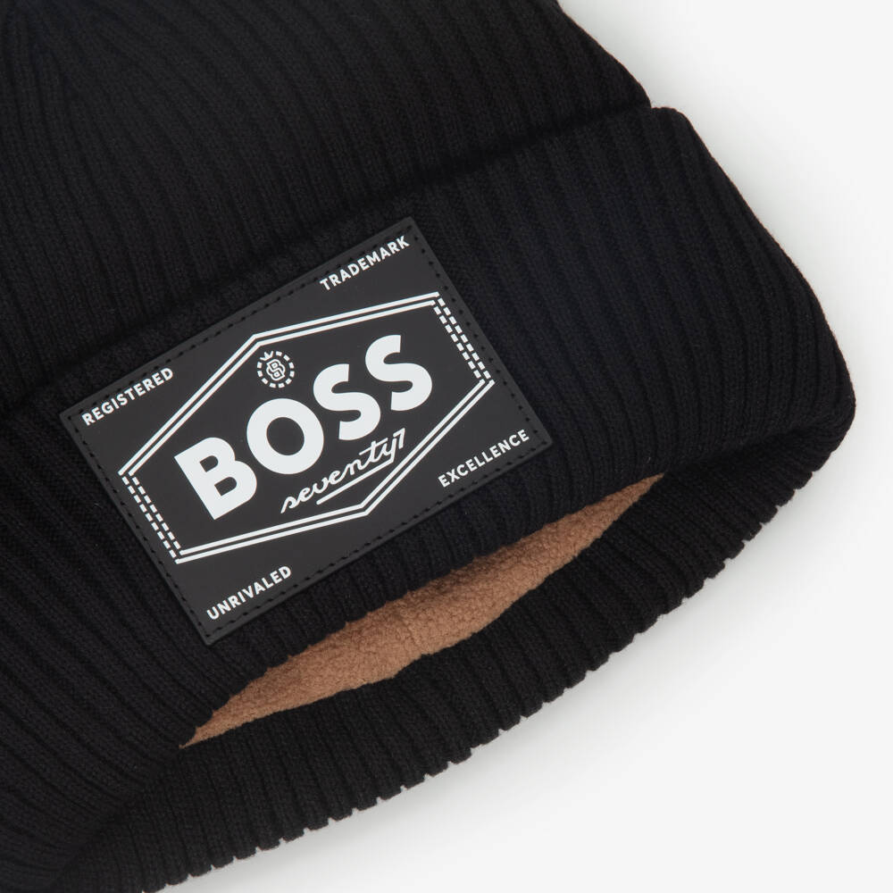 BOSS - Boys Ribbed Black Knit Hat | Childrensalon Outlet