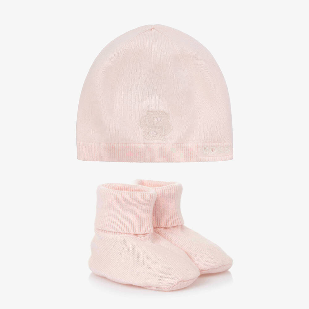BOSS - Pink Cotton Hat & Booties Set | Childrensalon Outlet