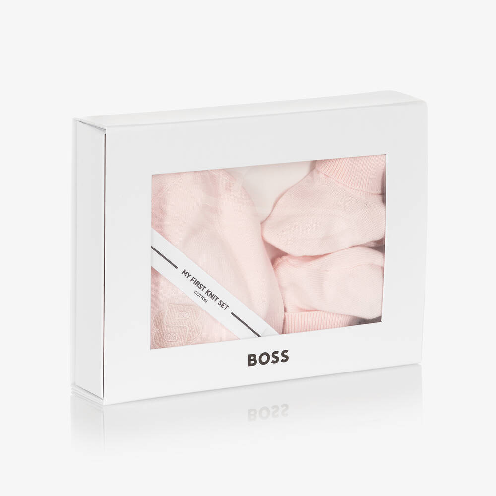 BOSS - Pink Cotton Hat & Booties Set | Childrensalon Outlet