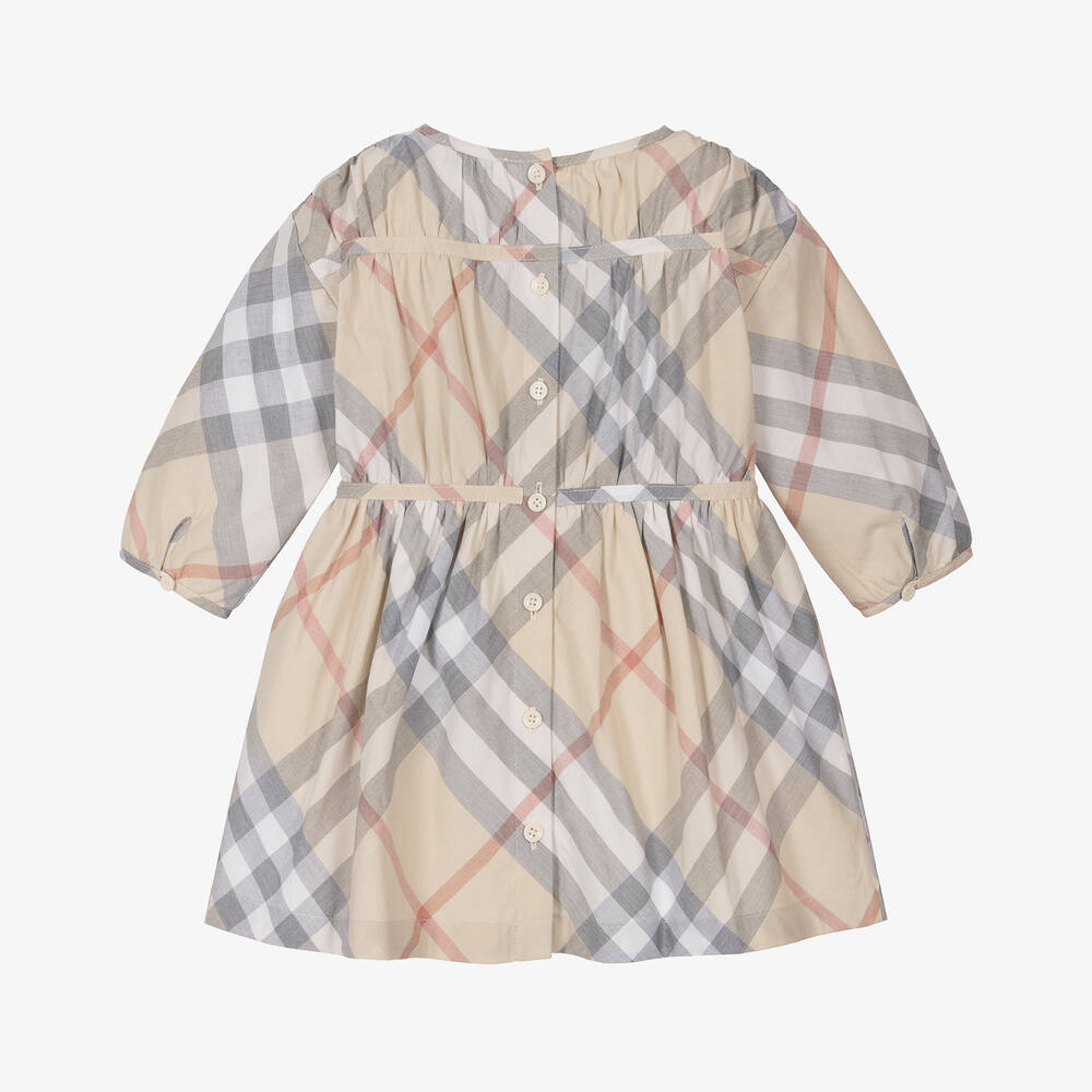 Burberry - Baby Girls Pale Beige Organic Cotton Check Dress | Childrensalon Outlet
