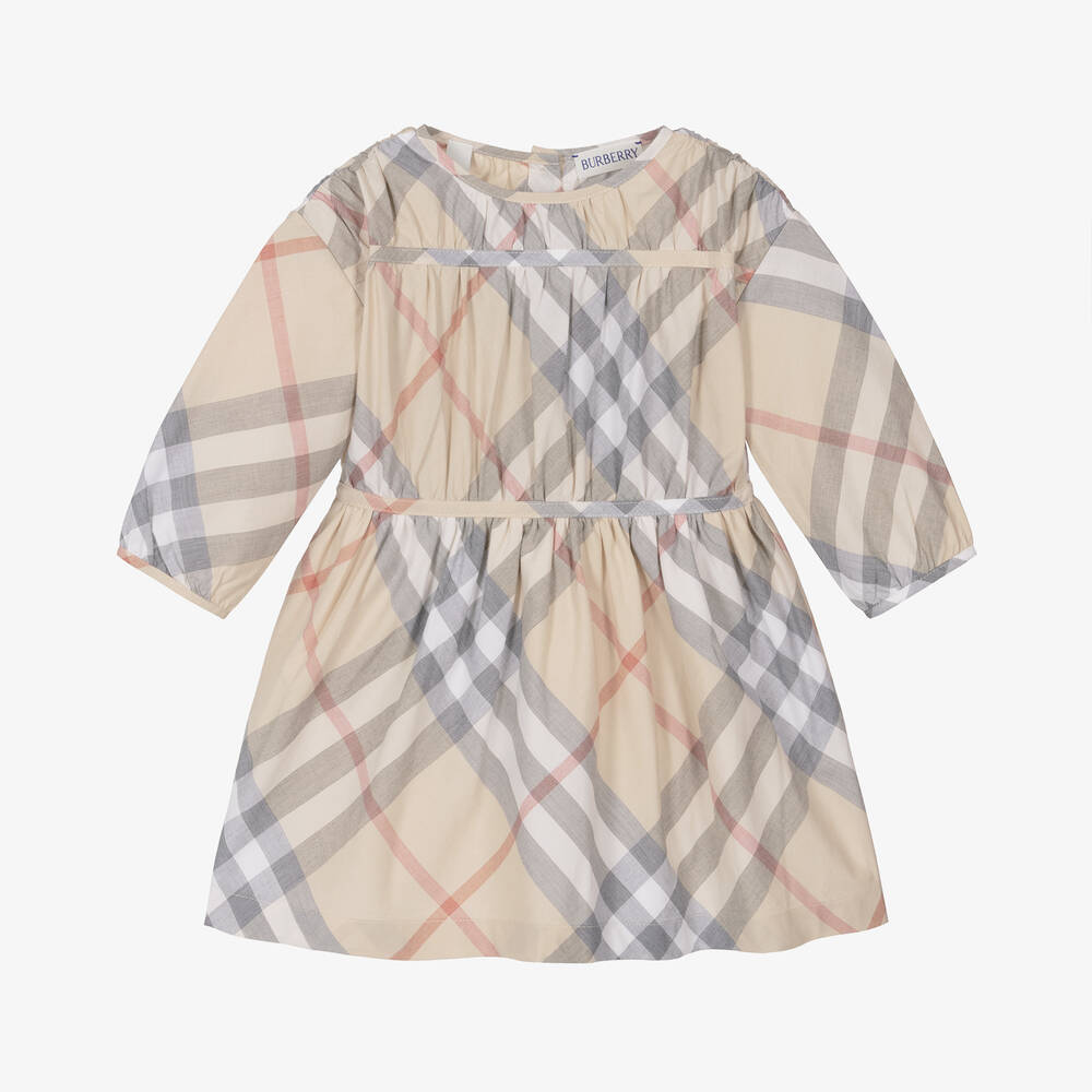 Burberry - Baby Girls Pale Beige Organic Cotton Check Dress | Childrensalon Outlet