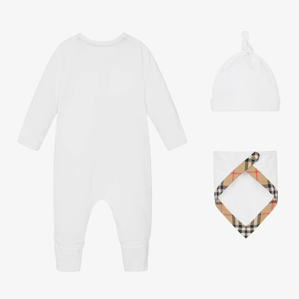 Burberry - White Cotton Check Babysuit Gift Set | Childrensalon Outlet
