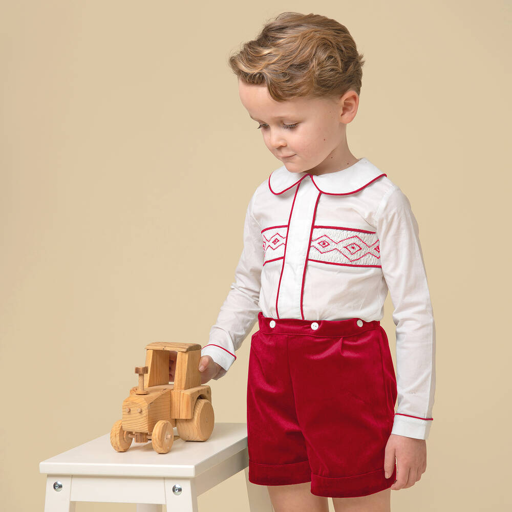 Caramelo Kids - Boys Ivory & Red Velvet Buster Suit | Childrensalon Outlet