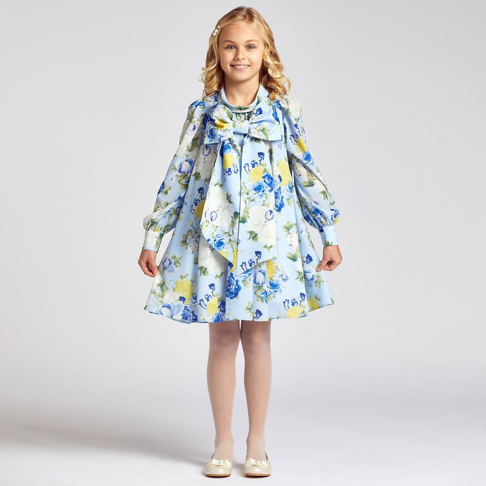 Childrensalon Occasions - Girls Blue Floral Crêpe Bow Dress ...