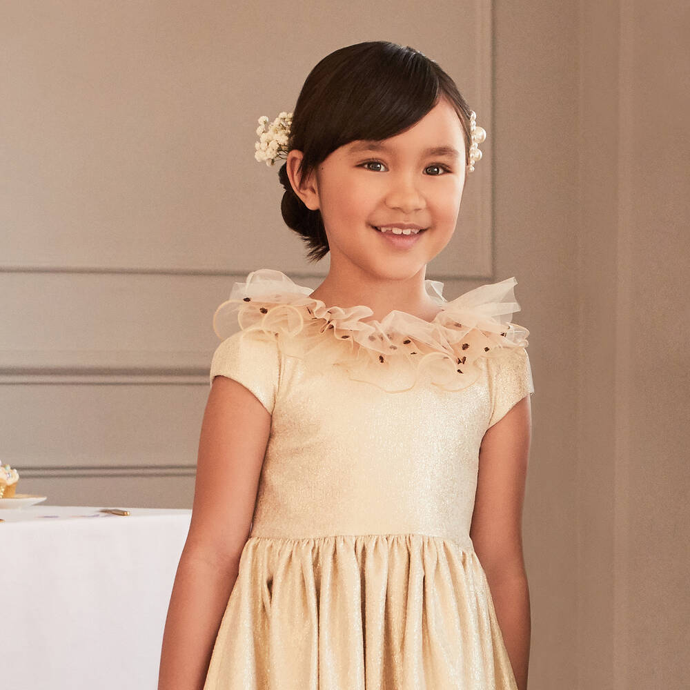 Childrensalon Occasions - Girls Gold Dress with Ruffled Tulle Collar ...