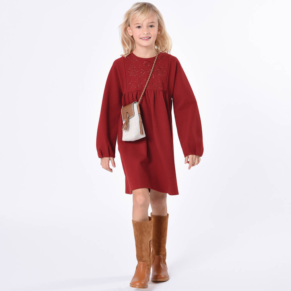 Chloé - Girls Dark Red Embroidered Dress | Childrensalon Outlet