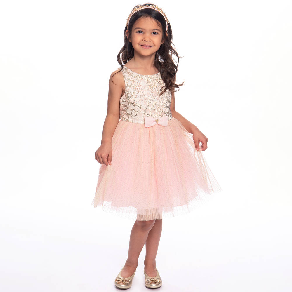 David Charles - Girls Pink & Gold Tulle Dress | Childrensalon Outlet