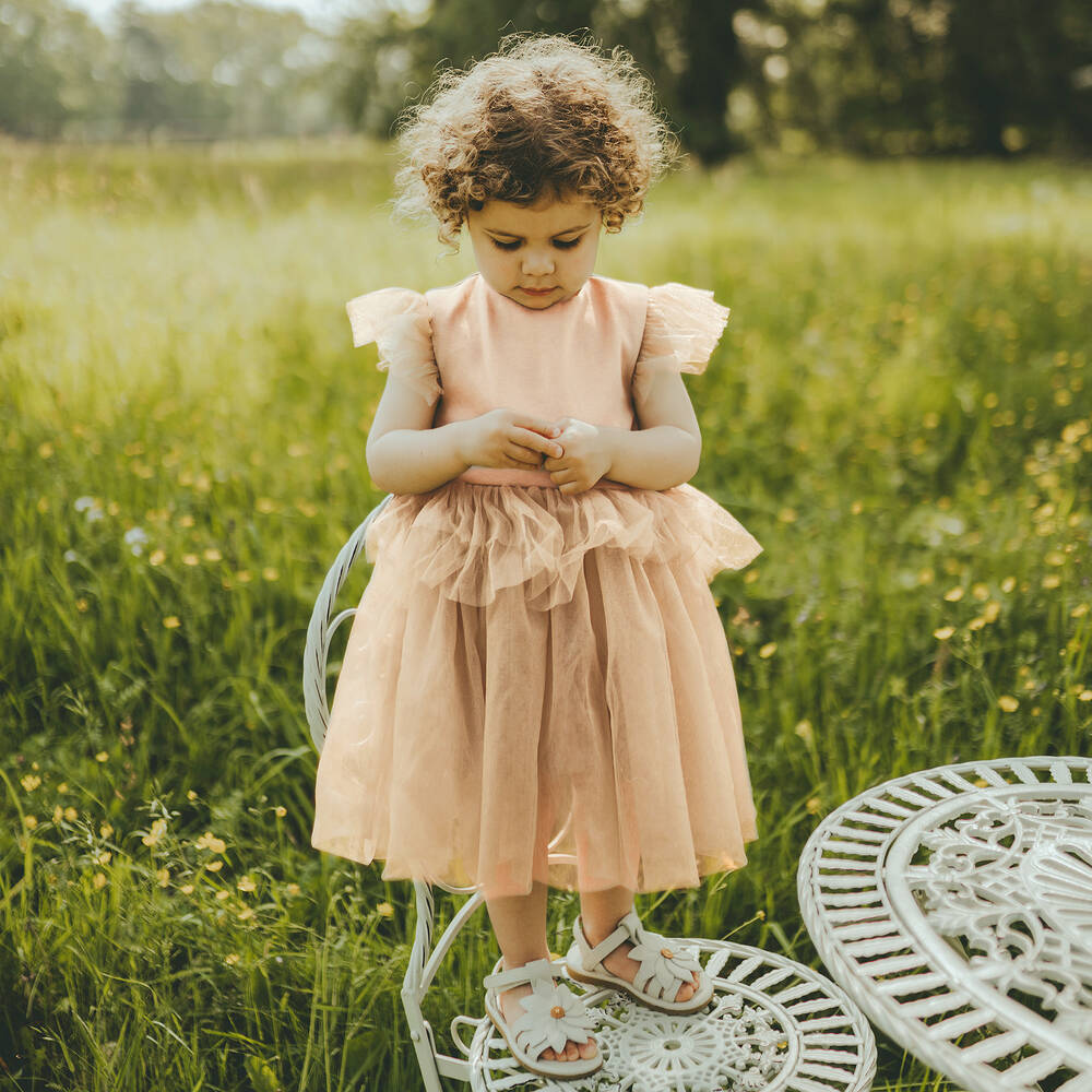 Donsje - Girls Dusky Pink Cotton & Tulle Dress | Childrensalon Outlet