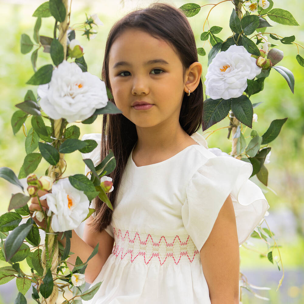 Dr. Kid - Girls Ivory Linen & Cotton Shirred Dress | Childrensalon Outlet