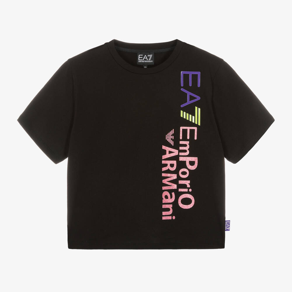 EA7 Emporio Armani - Girls Cotton Black Logo Tee | Childrensalon Outlet