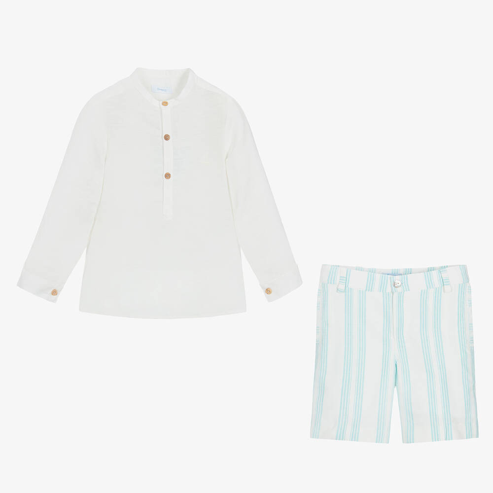 Foque - Boys Ivory & Blue Striped Cotton Shorts Set | Childrensalon Outlet Foque - Boys Ivory & Blue Striped Cotton Shorts Set | Childrensalon Outlet