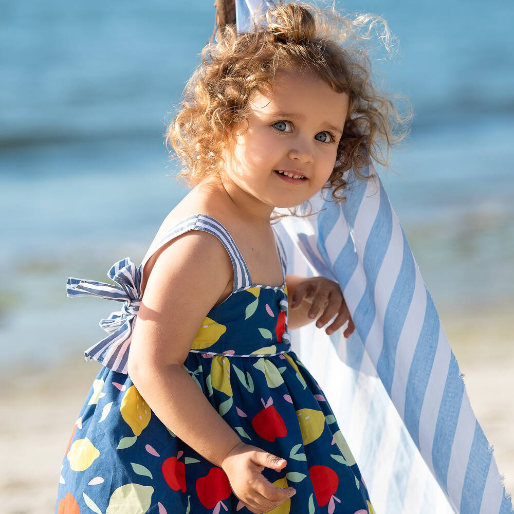 Foque - Girls Blue Fruit Print Cotton Dress | Childrensalon Outlet