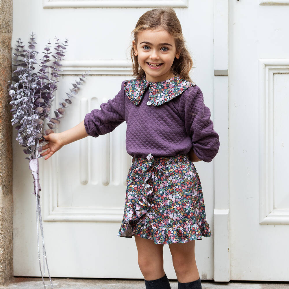 Foque - Girls Blue & Purple Floral Cotton Skirt | Childrensalon Outlet Foque - Girls Blue & Purple Floral Cotton Skirt | Childrensalon Outlet