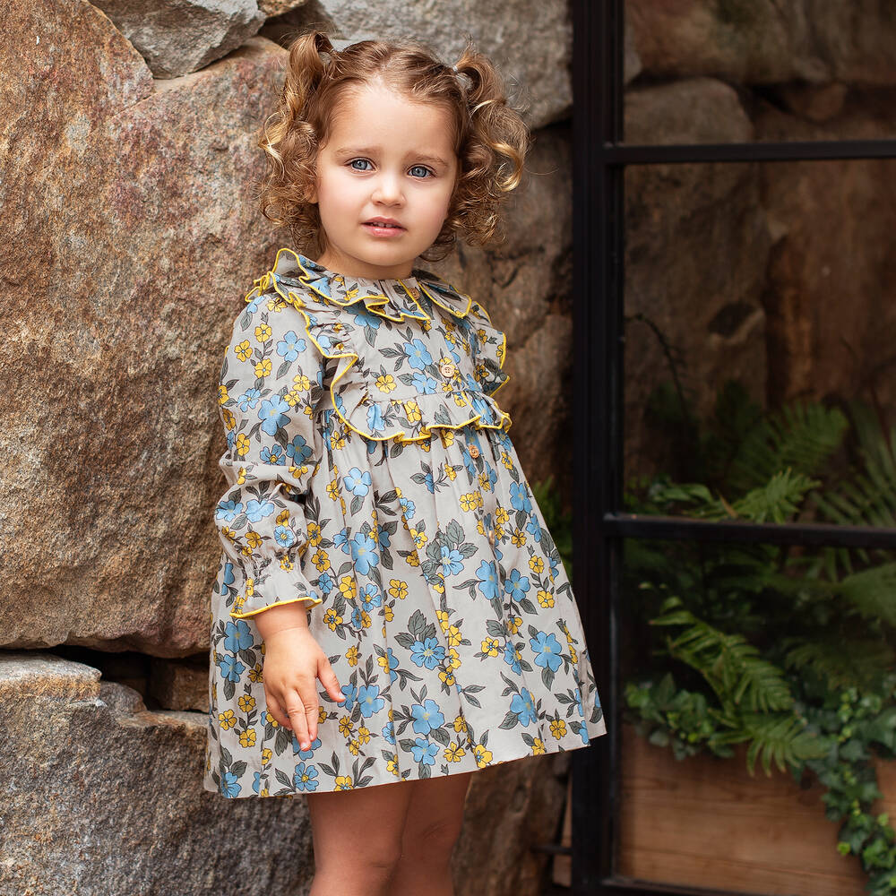 Foque - Girls Grey Floral Cotton Dress | Childrensalon Outlet