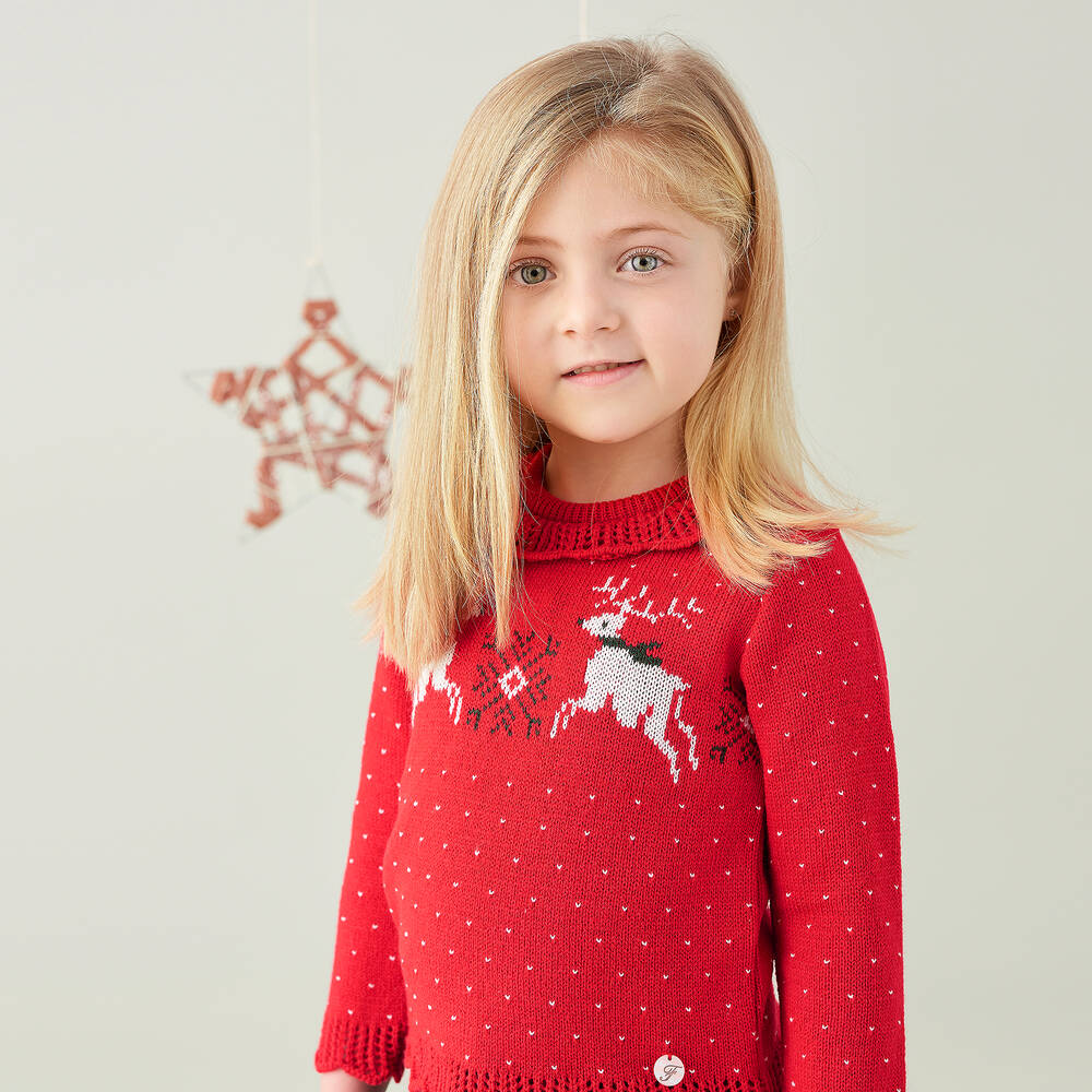 Foque - Girls Red Reindeer Jumper | Childrensalon Outlet
