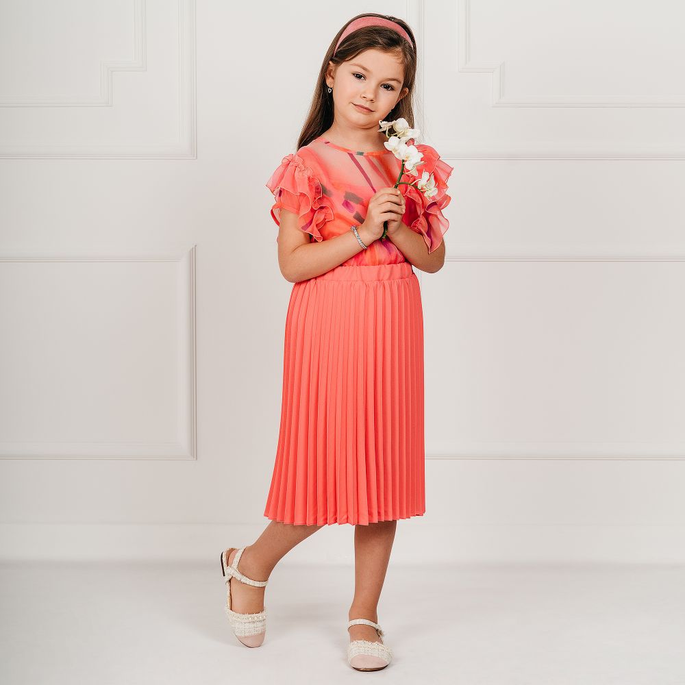 Giamo - Girls Coral Pink Pleated Skirt | Childrensalon Outlet