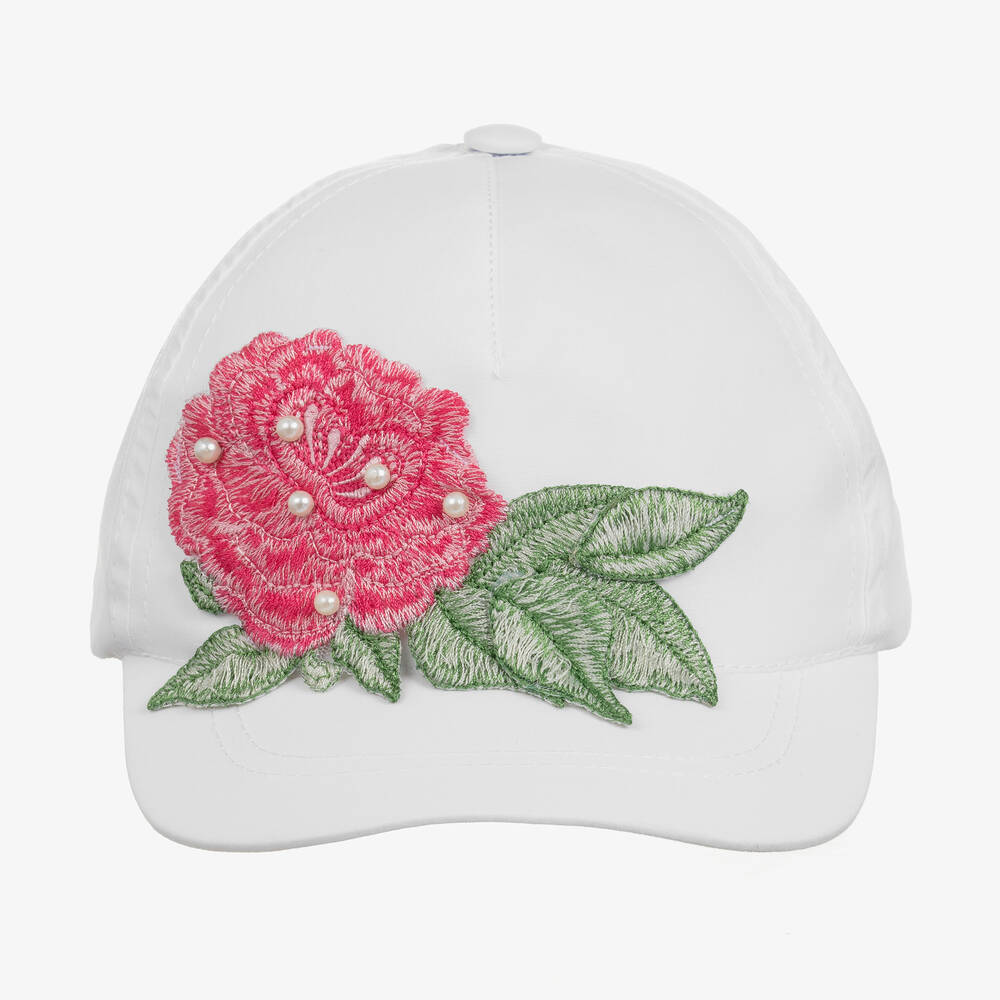 Giamo - Girls White Cotton Flower Cap | Childrensalon Outlet