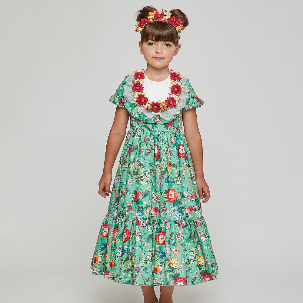 Graci - Girls Green Floral Dress | Childrensalon Outlet