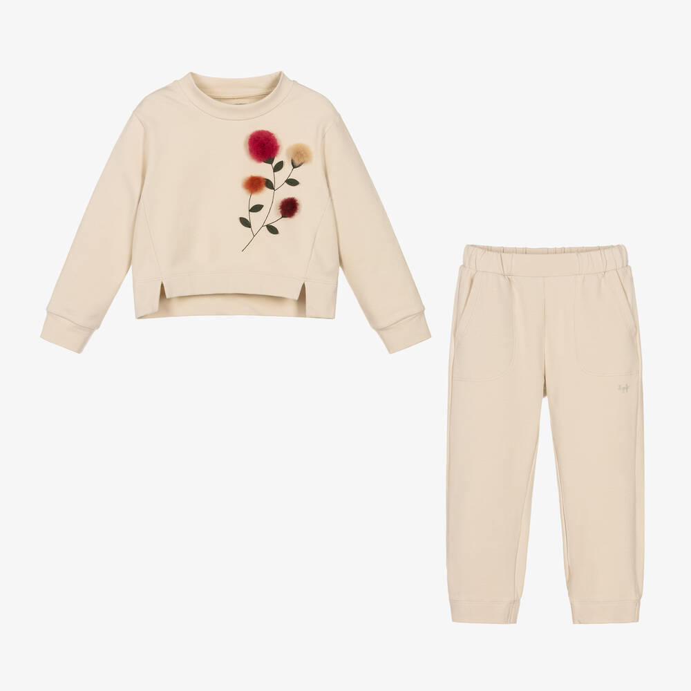 Il Gufo - Girls Beige Cotton Flower Tracksuit | Childrensalon Outlet
