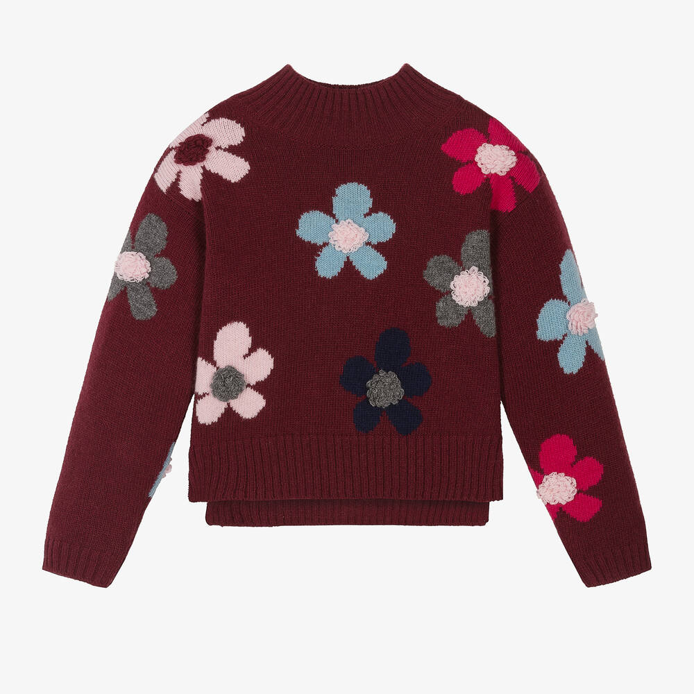 Il Gufo - Girls Burgundy Red Wool Flower Sweater | Childrensalon Outlet