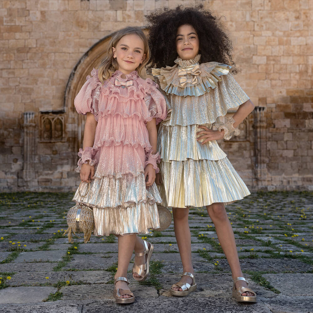 Junona - Girls Sparkly Gold Ruffle Dress | Childrensalon Outlet