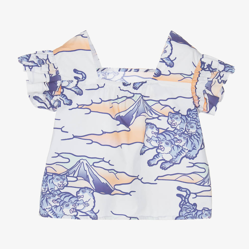 KENZO KIDS - Girls White & Blue Cotton Poplin Blouse | Childrensalon Outlet KENZO KIDS - Girls White & Blue Cotton Poplin Blouse | Childrensalon Outlet