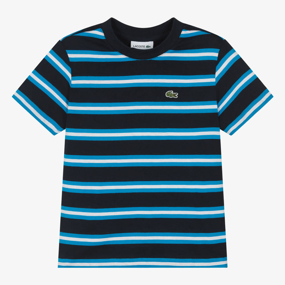 Lacoste - Boys Blue & White Striped Cotton T-Shirt | Childrensalon Outlet