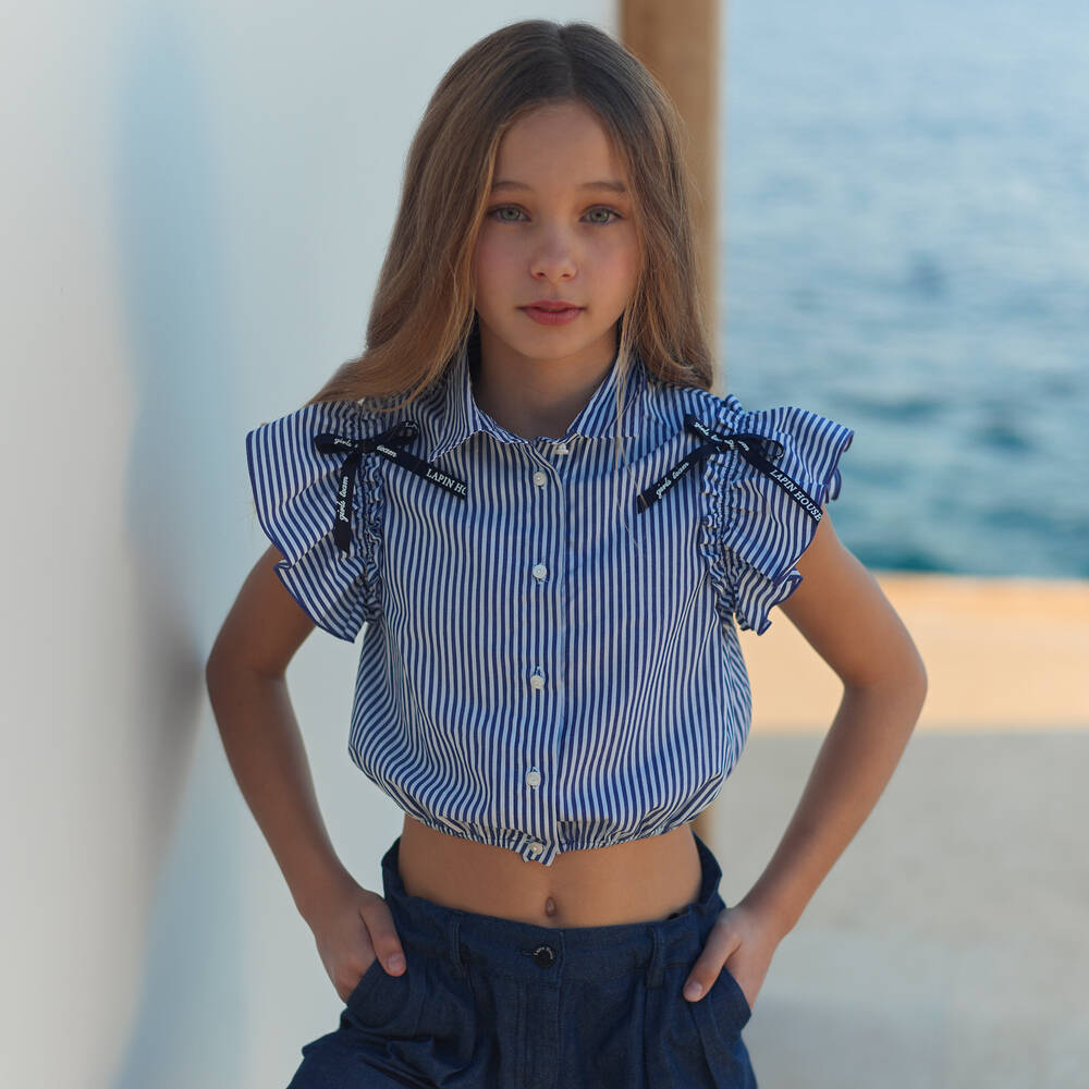 Lapin House - Girls Blue & White Stripe Cotton Blouse | Childrensalon ...