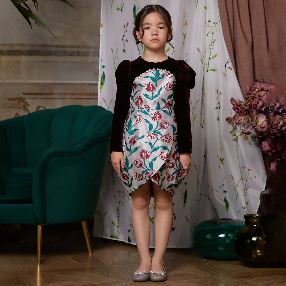 Le Mu - Girls Burgundy red & Silver Tulip Dress | Childrensalon Outlet