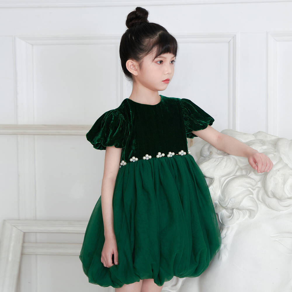 Le Mu - Girls Green Velvet Dress | Childrensalon Outlet