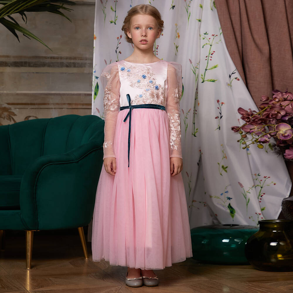 Le Mu - Girls Long Pink Embroidered Tulle Dress | Childrensalon Outlet