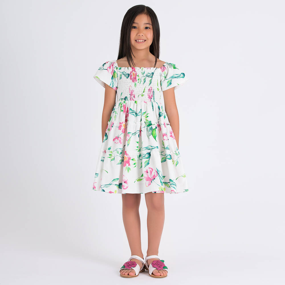 Mama Luma - Girls White Floral Print Cotton Dress | Childrensalon Outlet Mama Luma - Girls White Floral Print Cotton Dress | Childrensalon Outlet