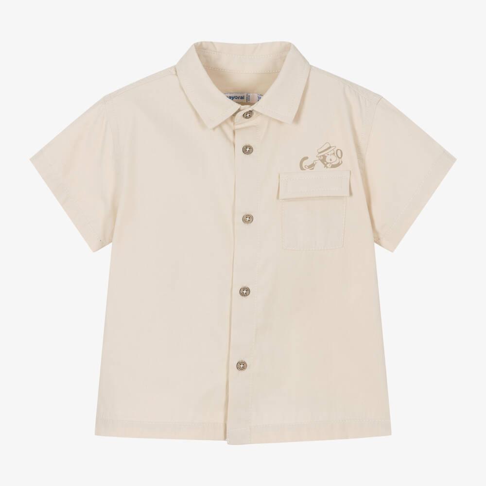 Mayoral - Boys Beige Cotton Monkey Print Shirt | Childrensalon Outlet