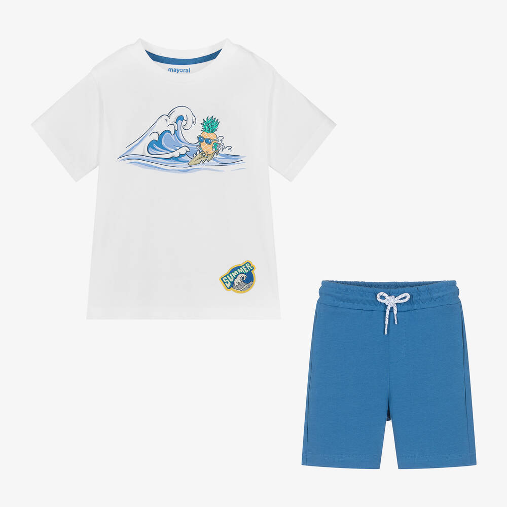 Mayoral - Boys White & Blue Cotton Wave Shorts Set | Childrensalon Outlet