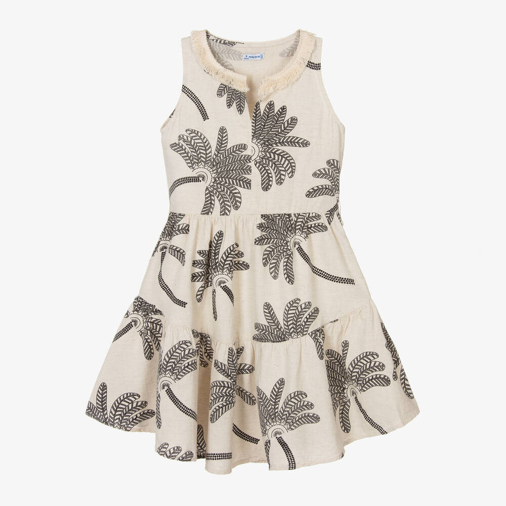 Mayoral - Girls Beige Cotton Palm Tree Print Dress | Childrensalon Outlet