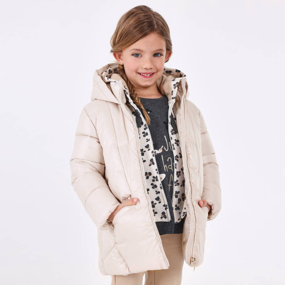 Mayoral - Girls Beige Hooded Puffer Coat | Childrensalon Outlet